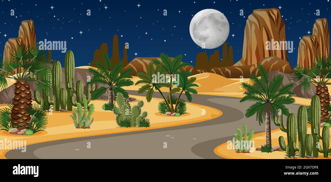 Desert oasis with long road landscape at night scene Stock Vector Image & Art - Alamy