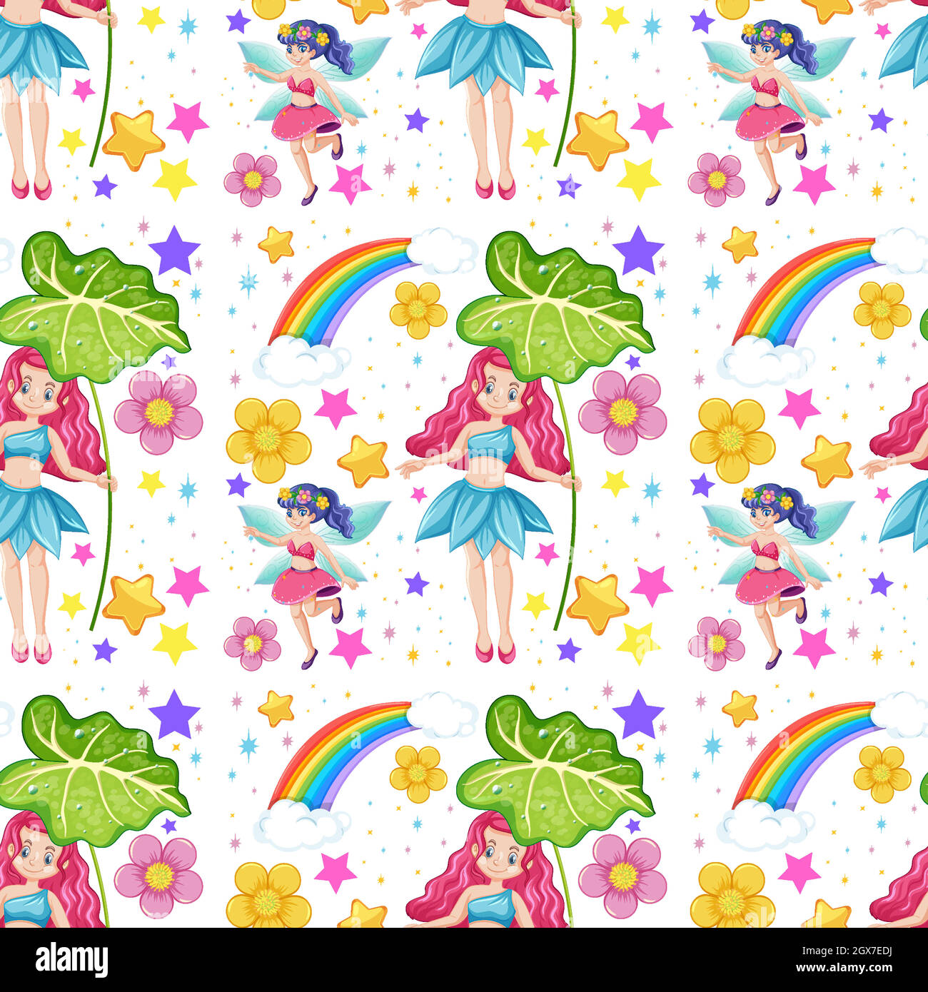Seamless fairy tales with rainbow and flowers cartoon style on white ...