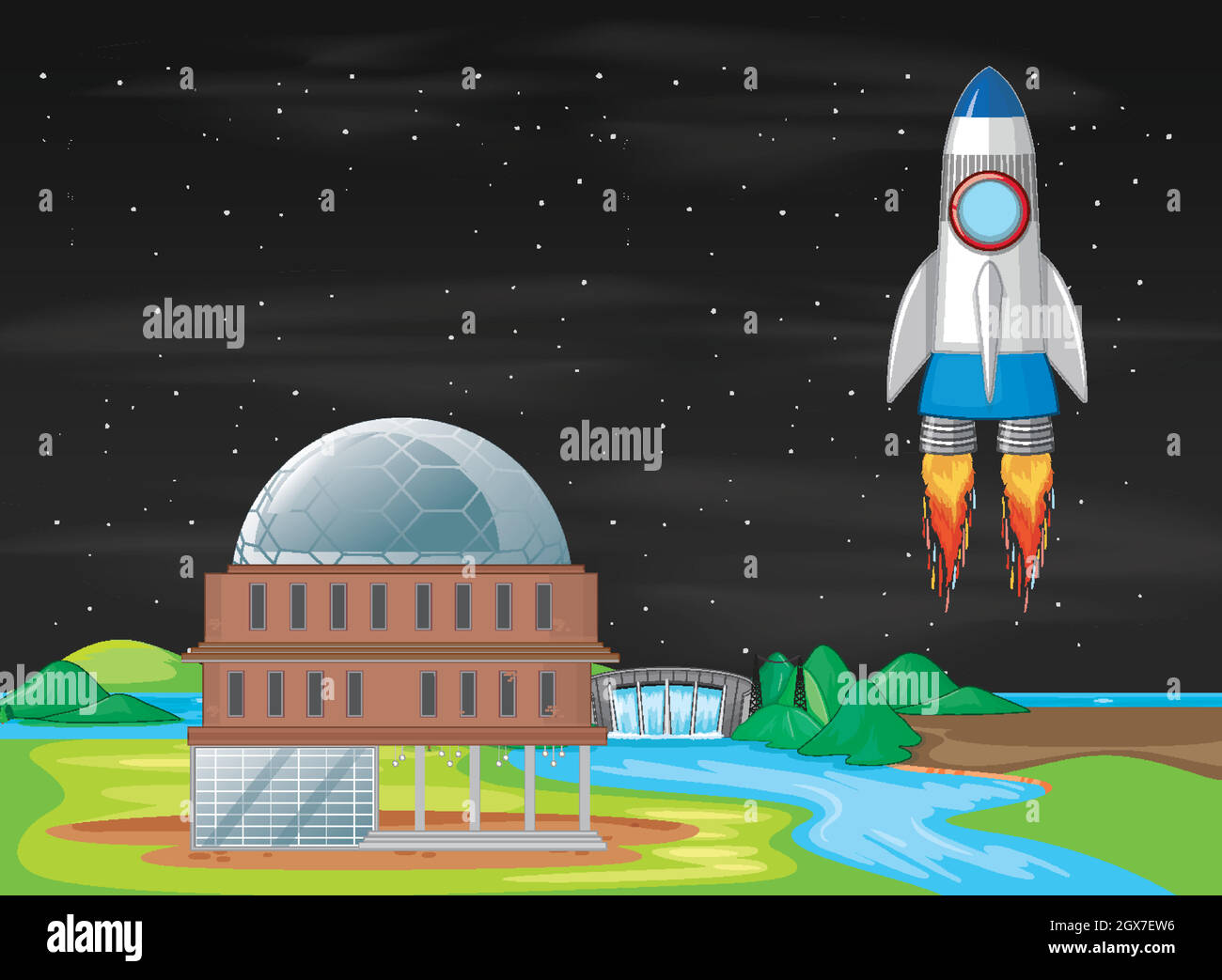Scene with spaceship flying in the sky Stock Vector Image & Art - Alamy