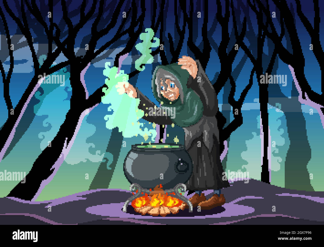 Wizard or witch with magic pot on dark forest scene Stock Vector Image ...