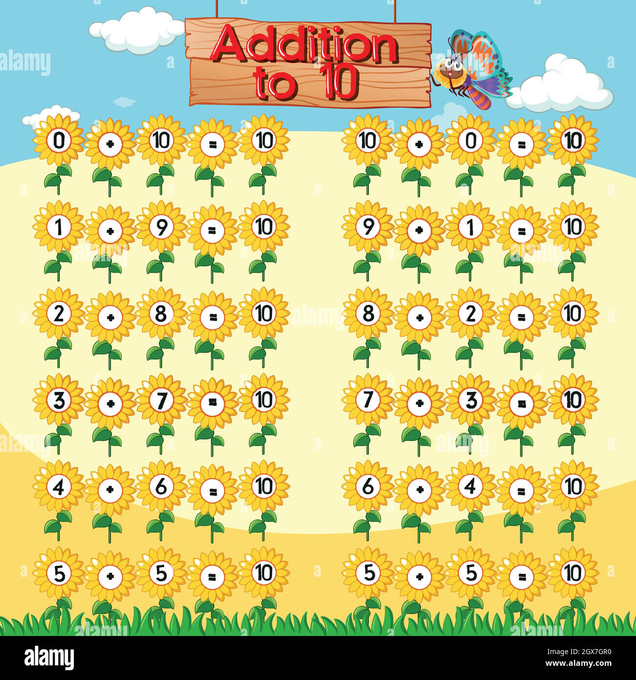 Addition to ten chart with sunflowers background Stock Vector Image ...