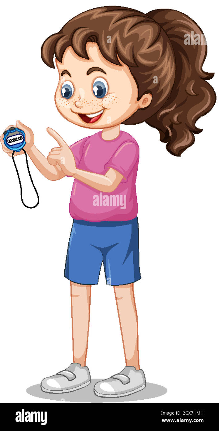 Happy girl standing and holding a timer Stock Vector Image & Art - Alamy