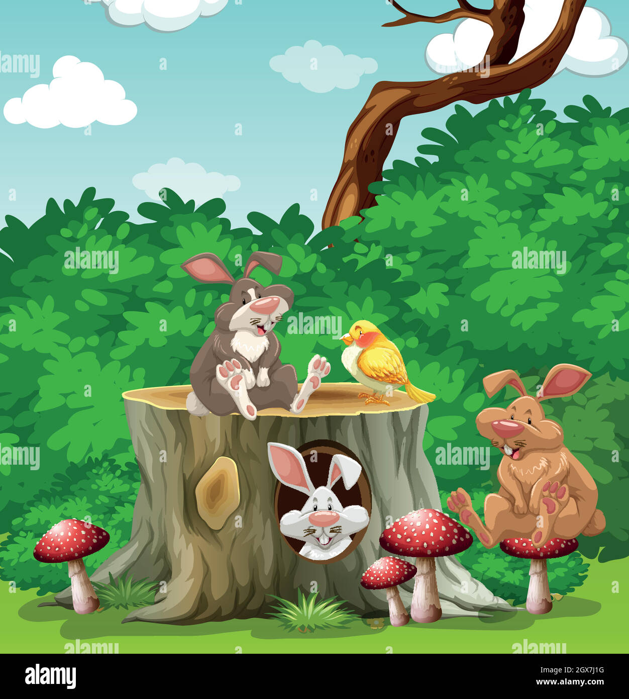 Rabbits and bird in the garden Stock Vector Image & Art - Alamy