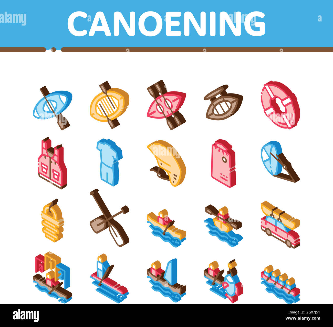 Canoeing Isometric Elements Icons Set Vector Stock Vector Image And Art Alamy