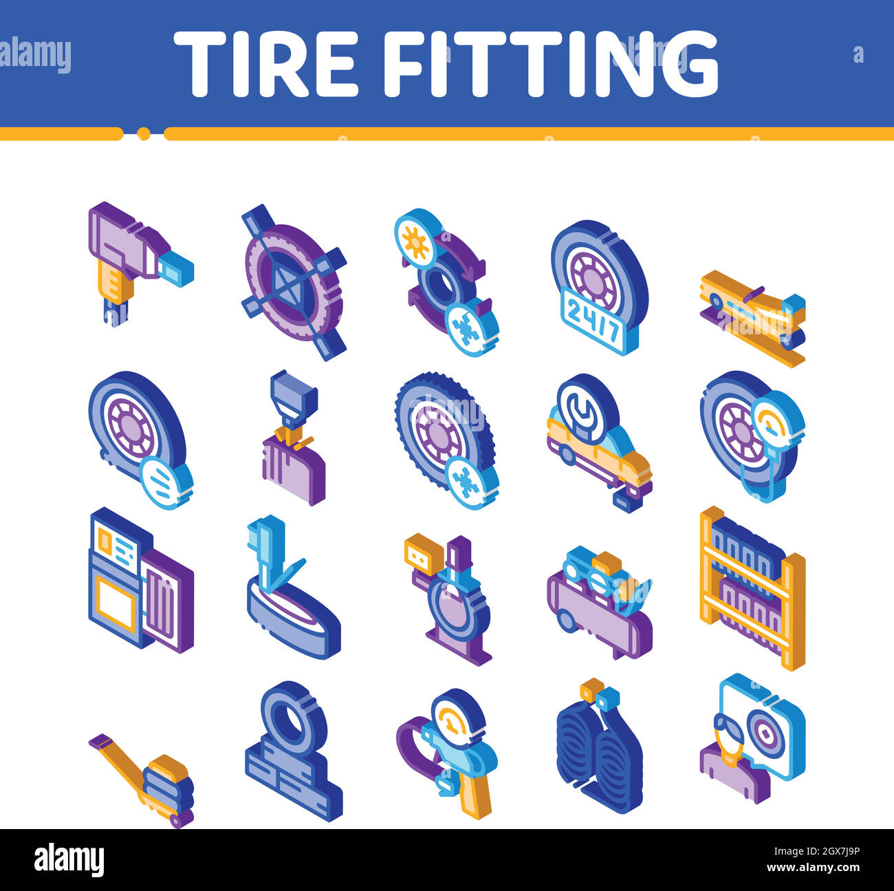 Tire Fitting Service Isometric Icons Set Vector Stock Vector Image ...