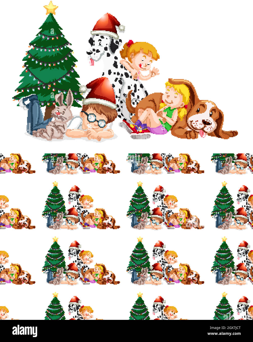 Seamless background design with children and christmas tree Stock ...