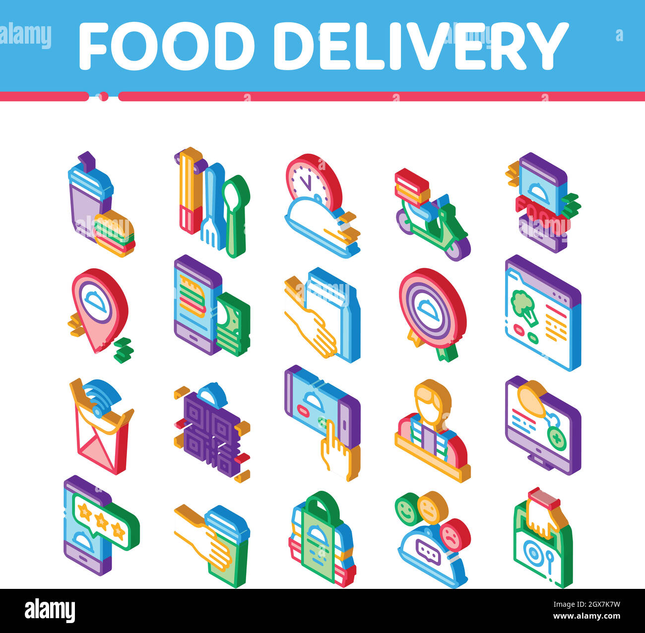 Food Delivery Service Isometric Icons Set Vector Stock Vector Image ...