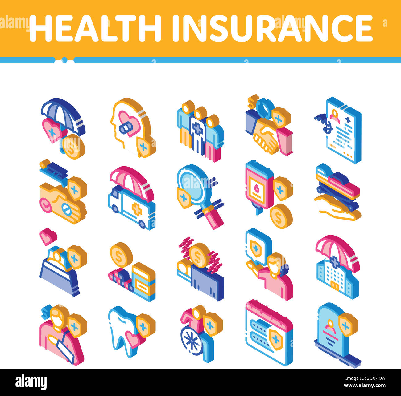 Health Insurance Care Isometric Icons Set Vector Stock Vector Image ...