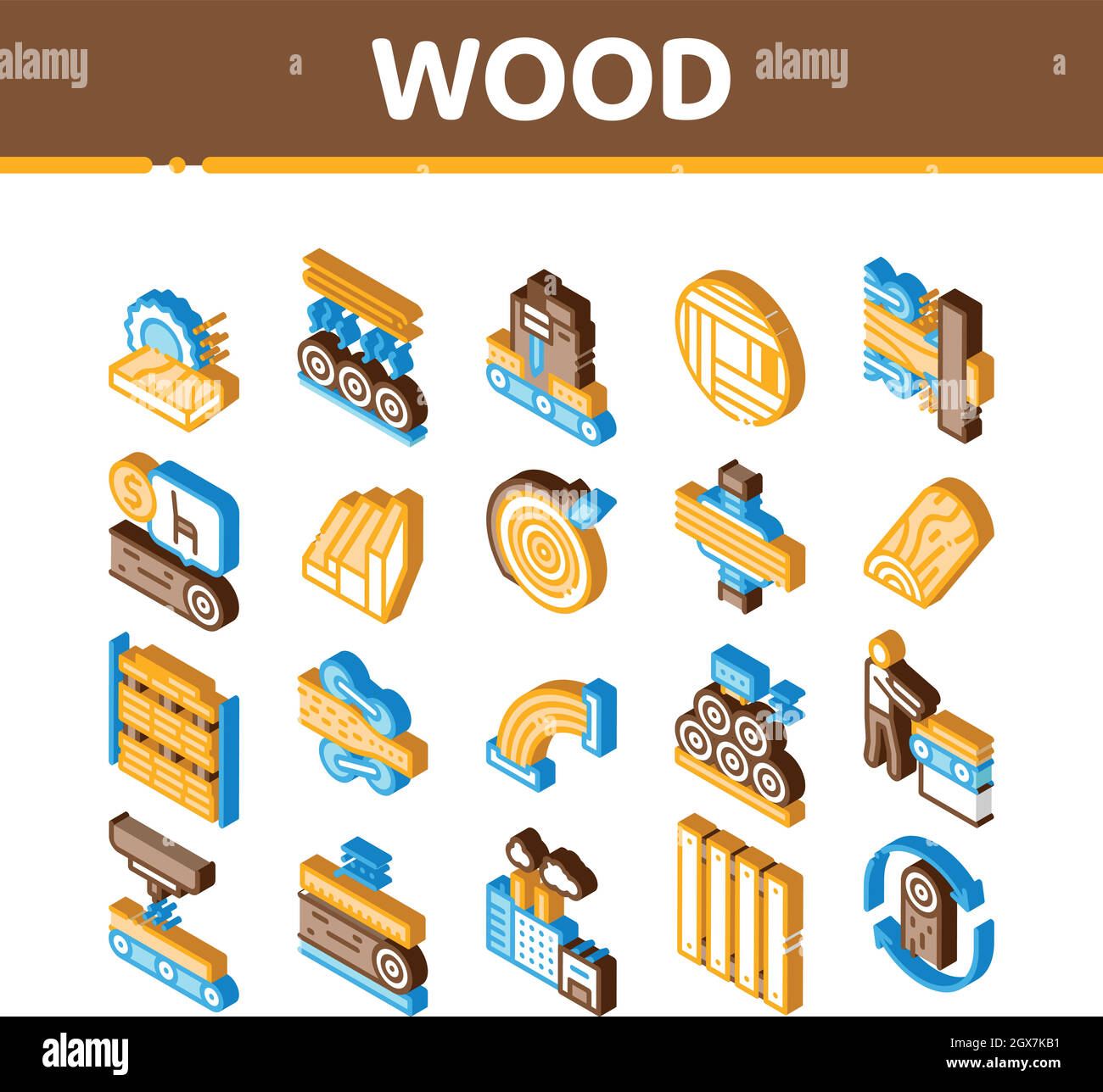 Wood Production Plant Isometric Icons Set Vector Stock Vector Image ...