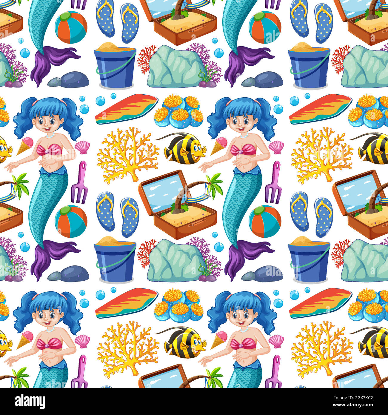 Seamless mermaid and summer icon cartoon character on white background ...