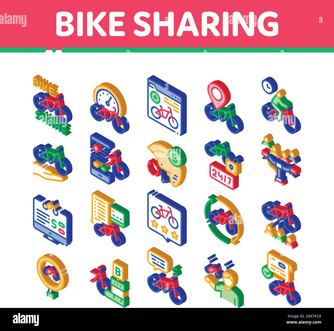 Bike Sharing Business Isometric Icons Set Vector Stock Vector Image ...