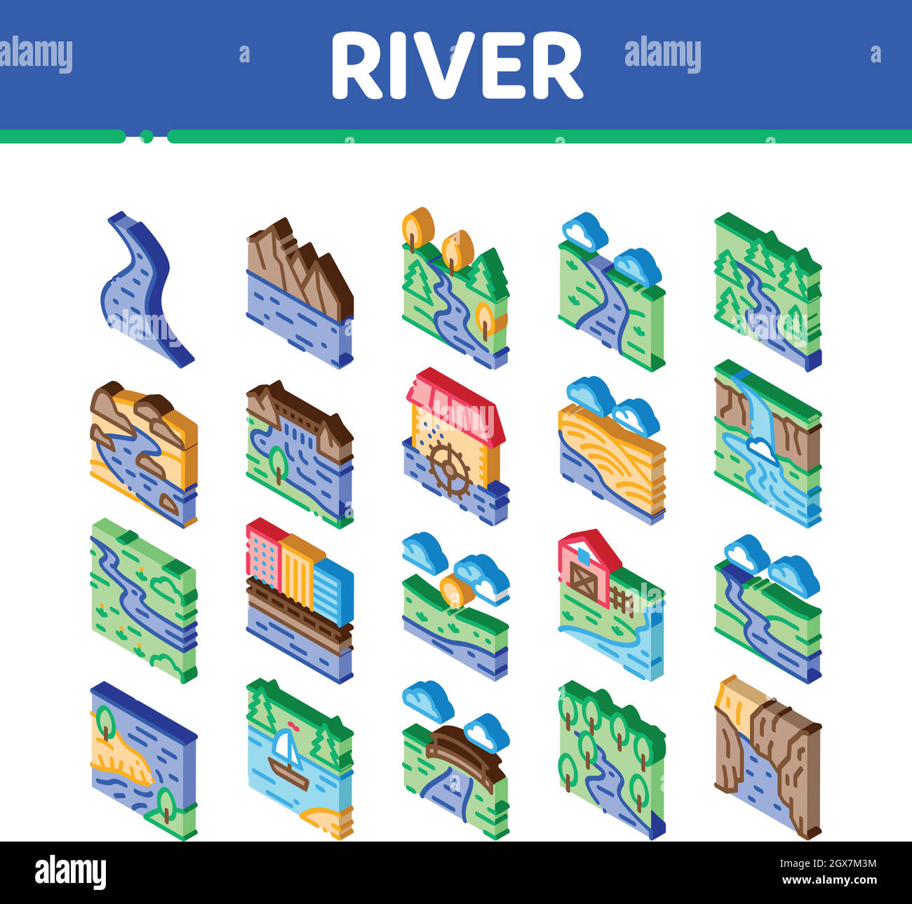 River Landscape Isometric Icons Set Vector Stock Vector Image & Art - Alamy