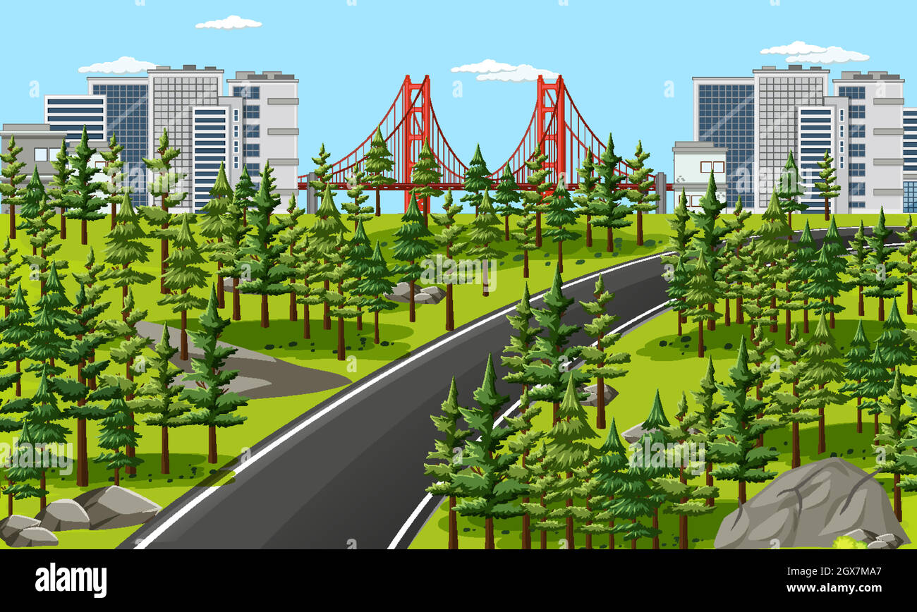 Long road in city with nature landscape scene Stock Vector Image & Art ...