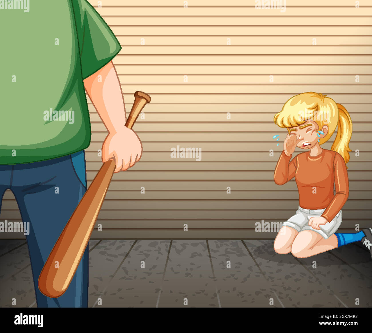 Scene with crying girl and angry man with baseball bat Stock Vector ...