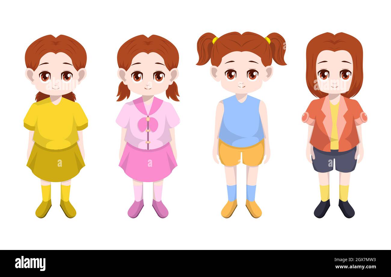 Little Girl Child Kid Standing Clothes Hair Front Vector Cartoon Set ...