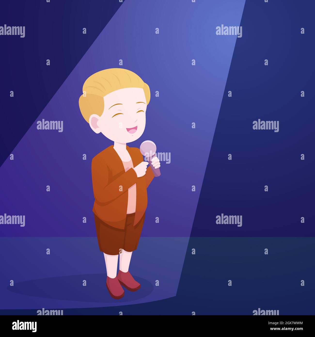 Little Boy Child Kid Standing Microphone Spotlight Stage Vector Cartoon ...