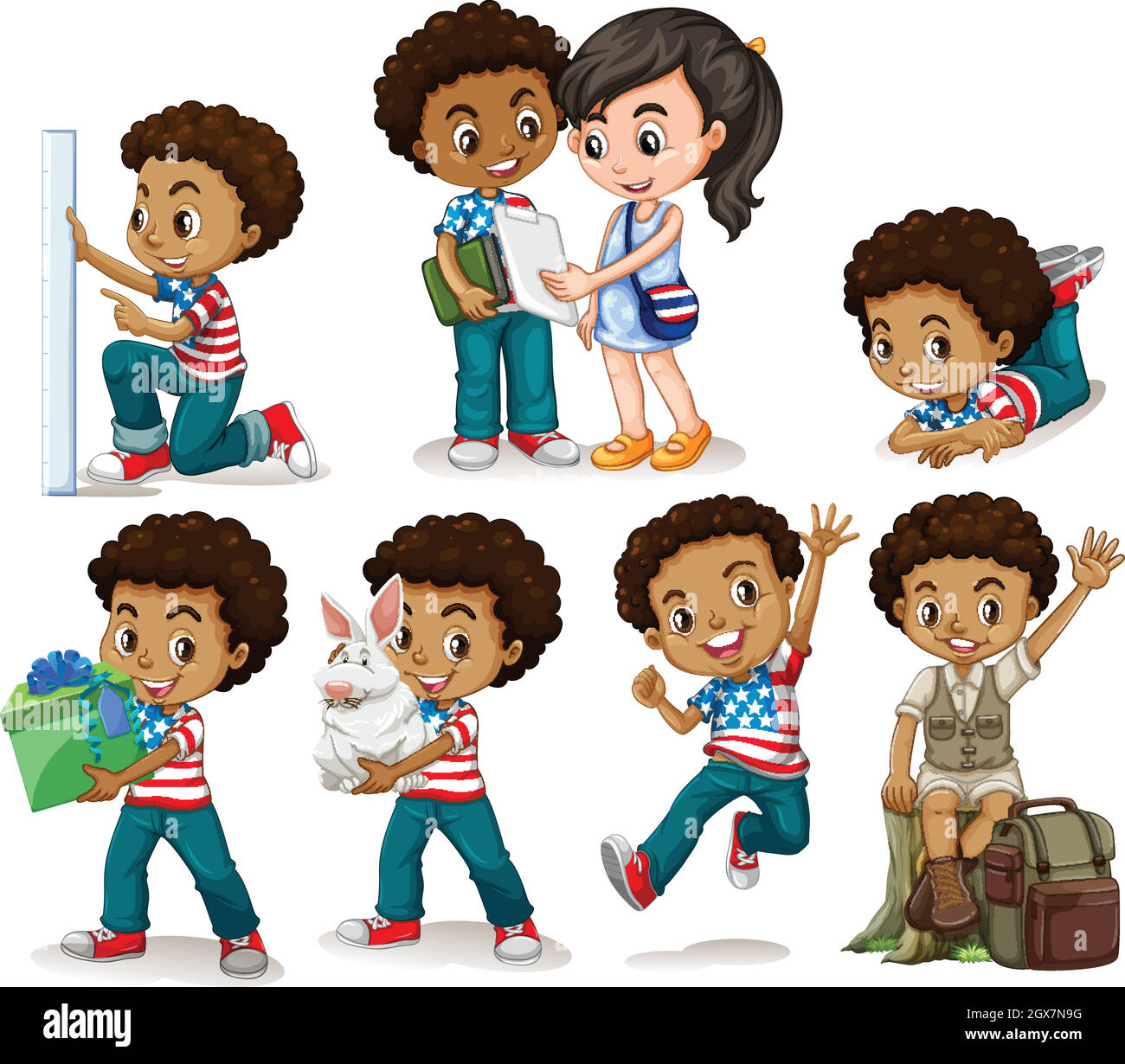 African american boy doing different activities Stock Vector Image ...