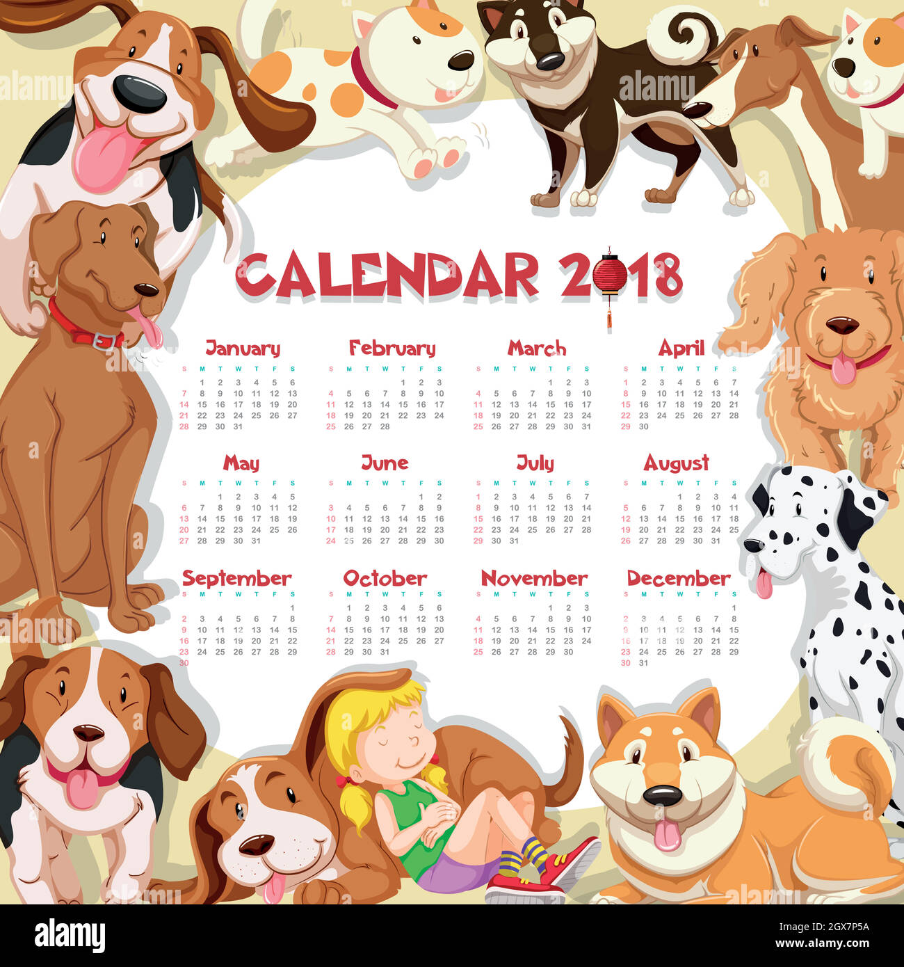 Calendar template for 2018 with many cute dogs Stock Vector Image & Art ...