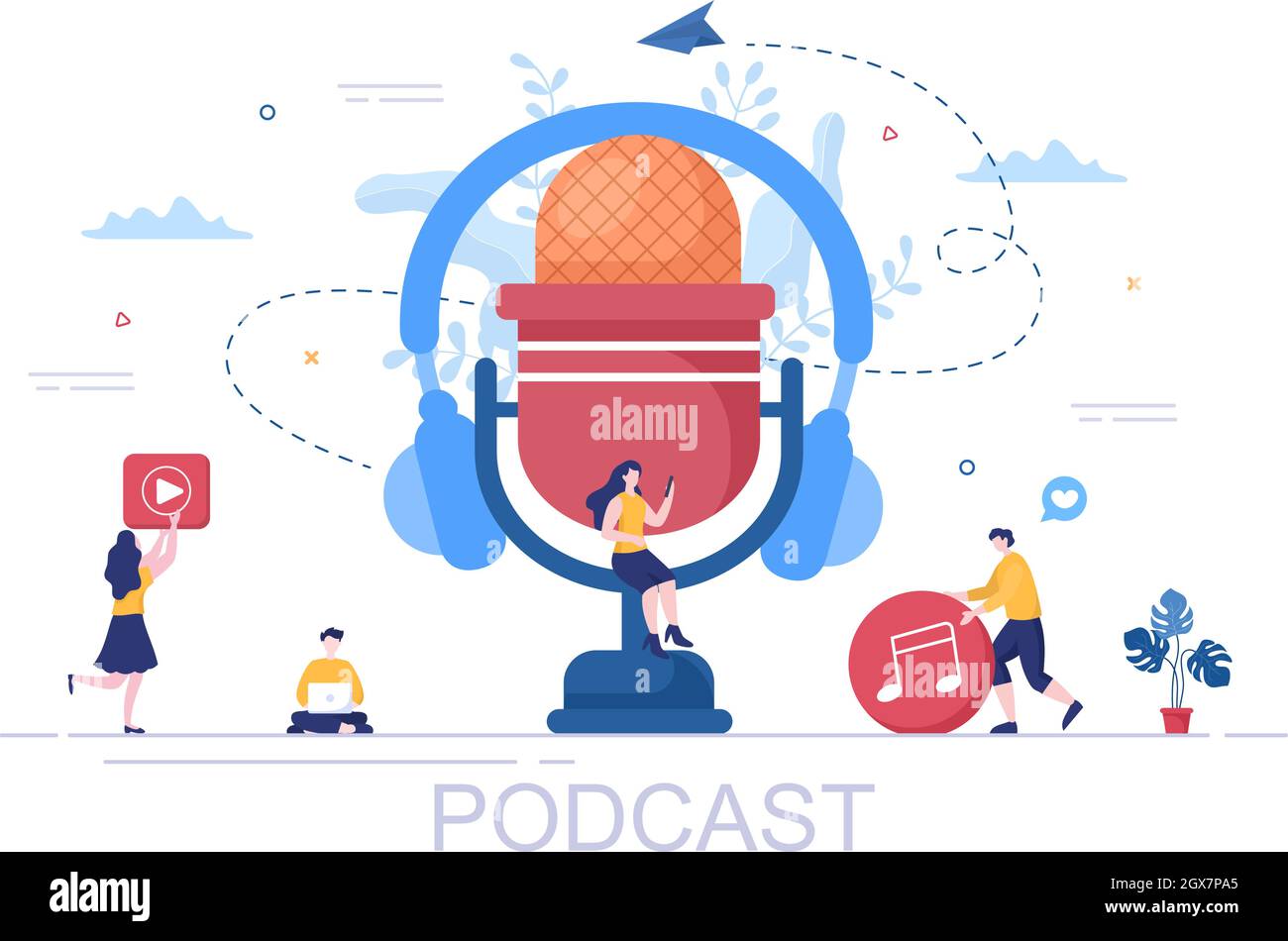Podcast Background Vector illustration People Using Headset To Record ...