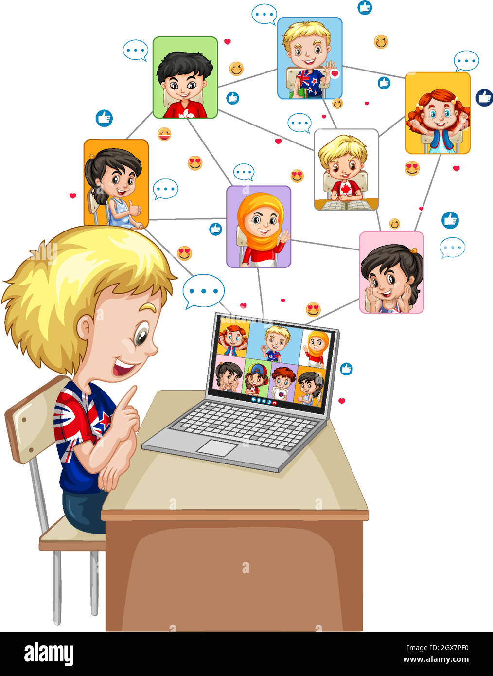 A boy using laptop for video call with friend on white background Stock ...