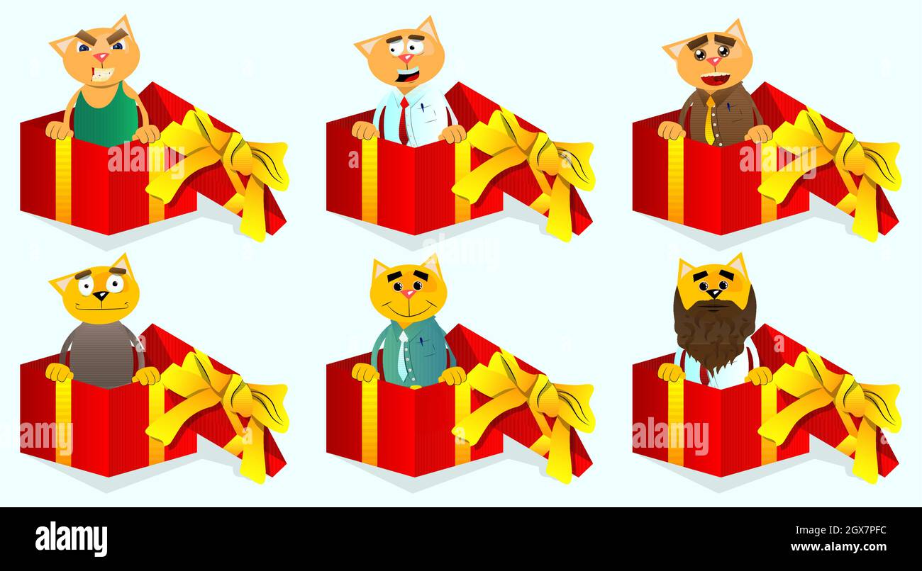 Funny cartoon cat in a gift box. Vector illustration. Cute orange ...