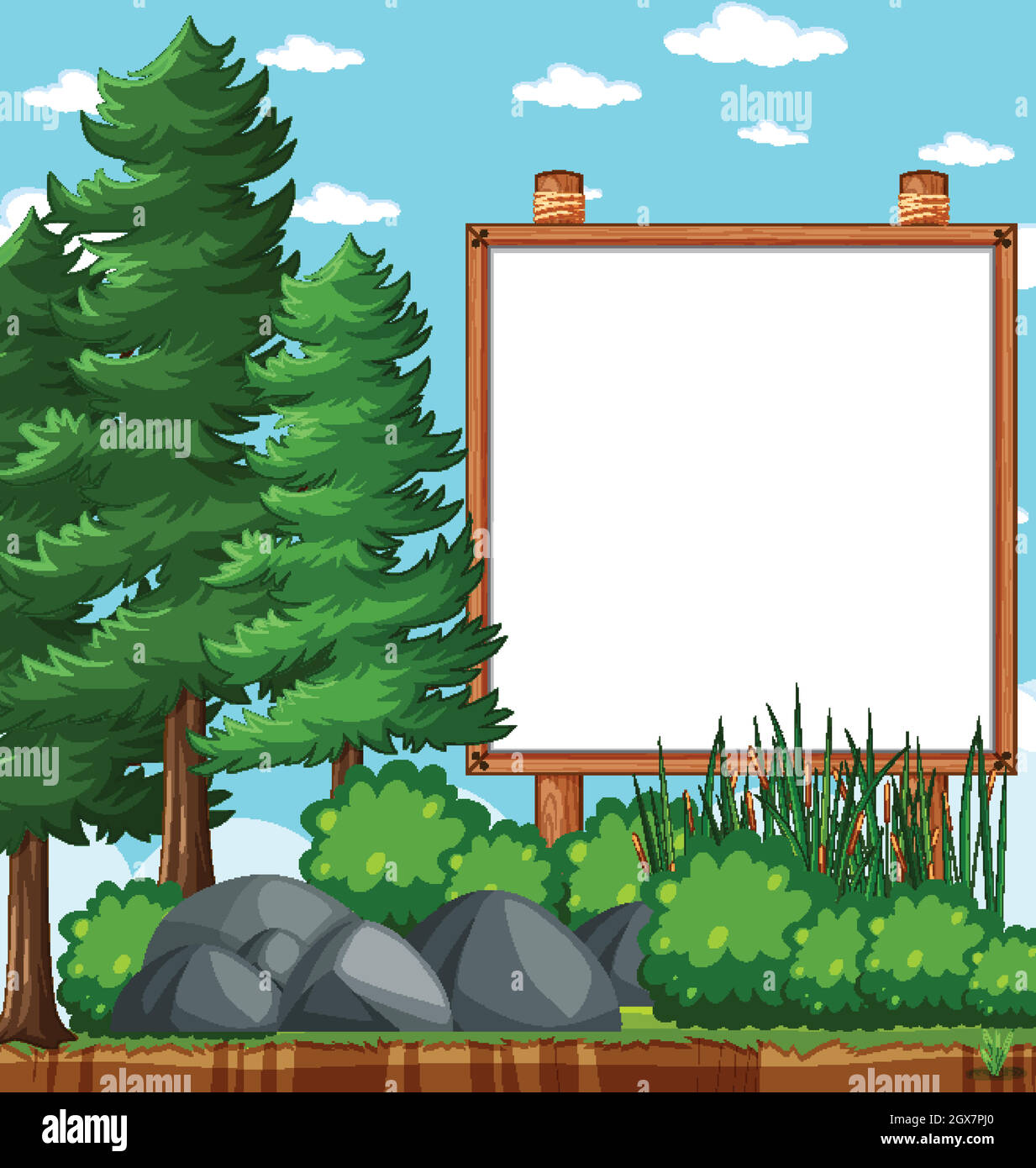 Blank wooden frame in nature park scene with pines Stock Vector Image ...