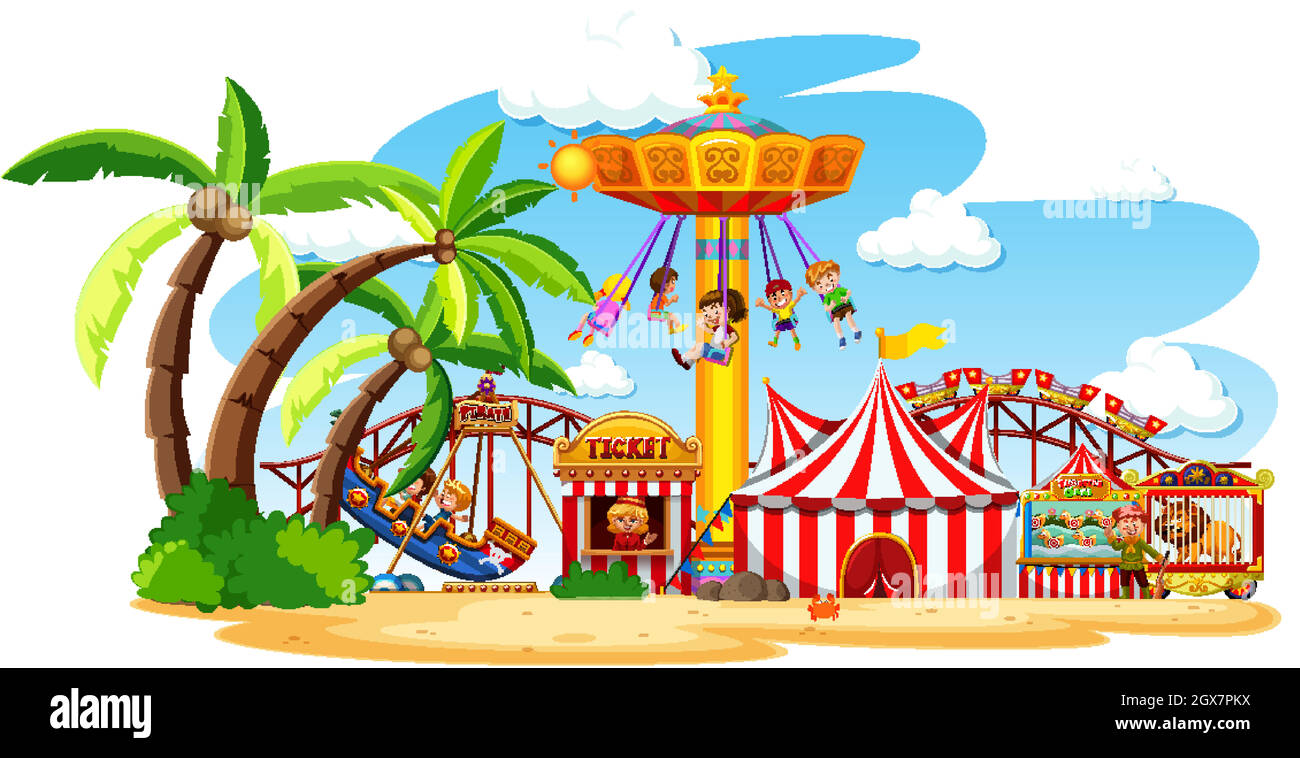 Themepark scene with many rides and happy children Stock Vector Image ...