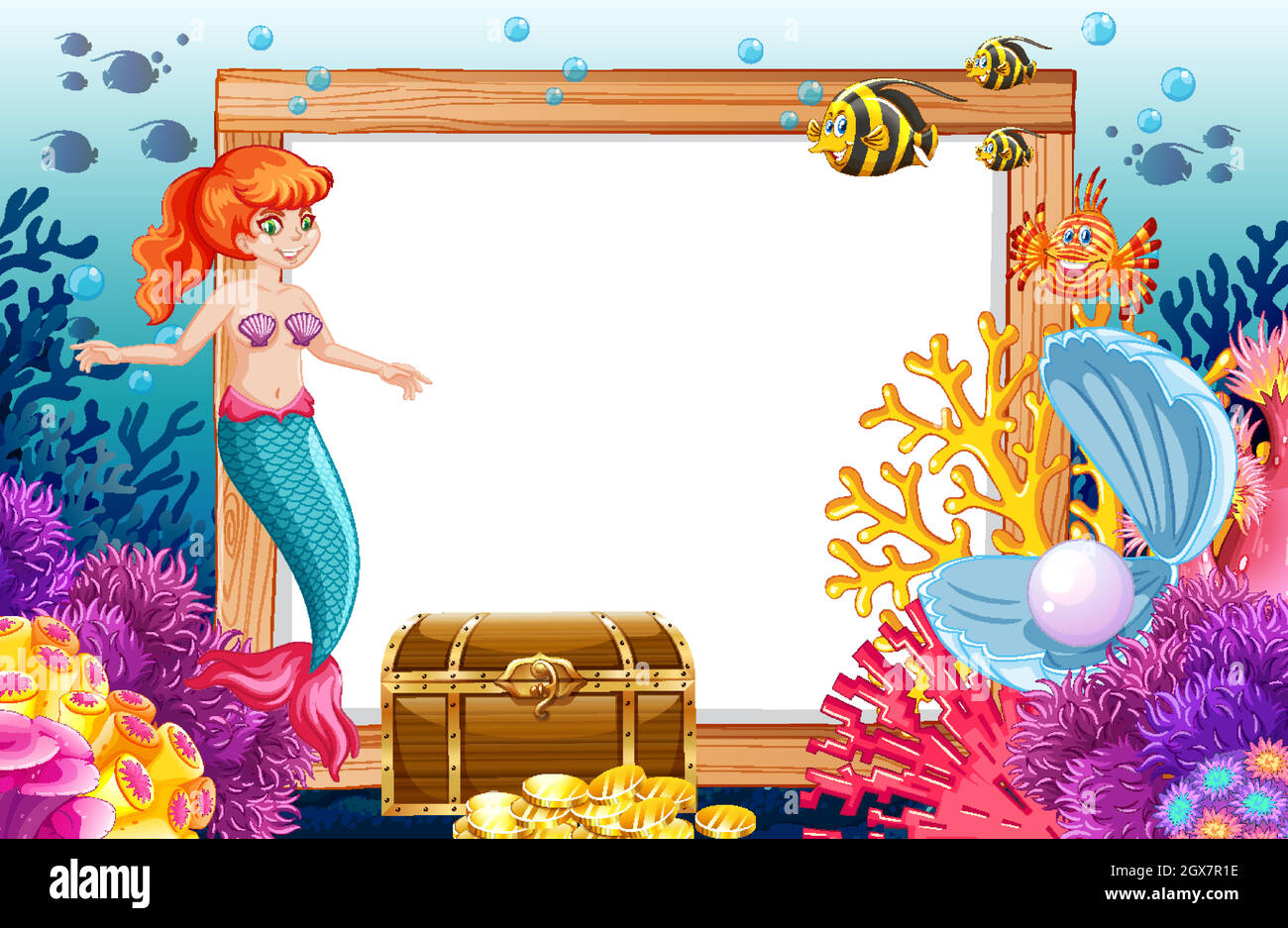 Mermaid and sea animal theme with blank banner cartoon style on under ...