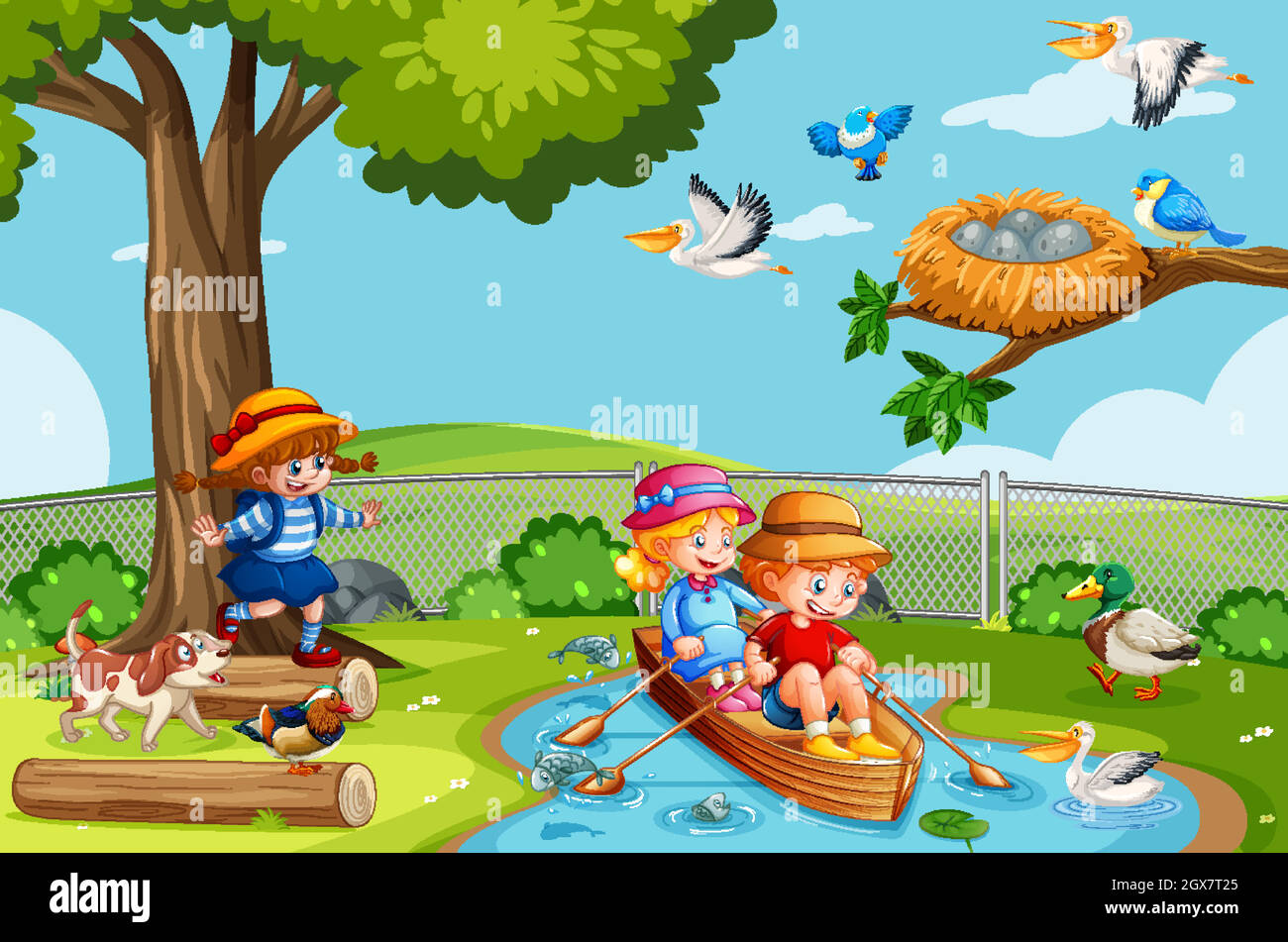 Children row the boat in the stream park scene Stock Vector Image & Art ...