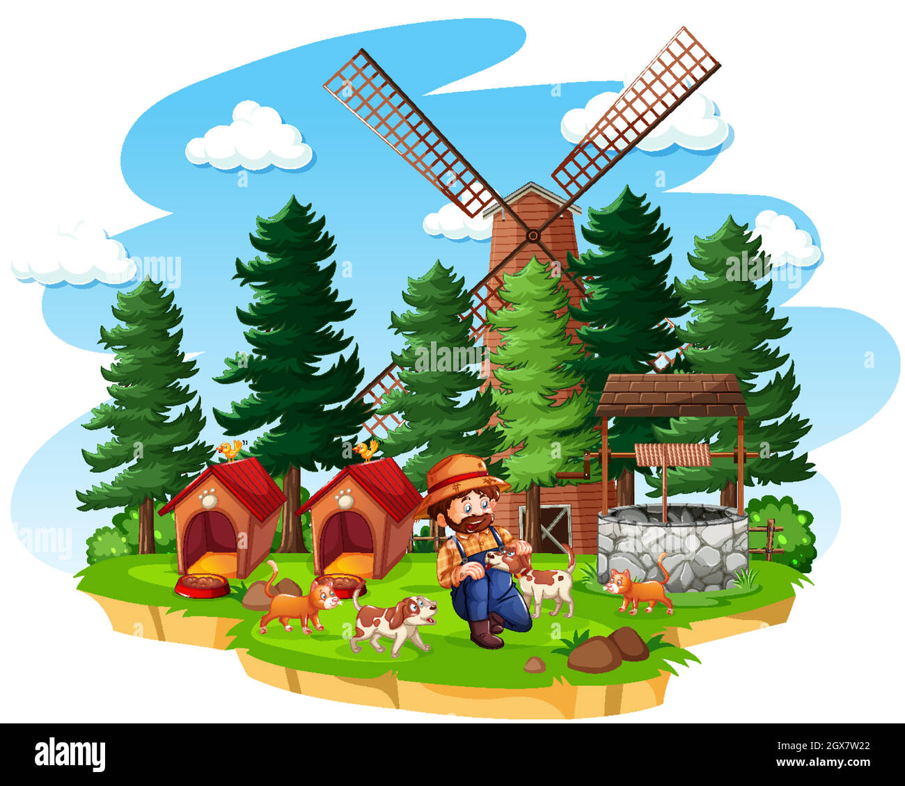 Farm with red barn and windmill on white background Stock Vector Image ...