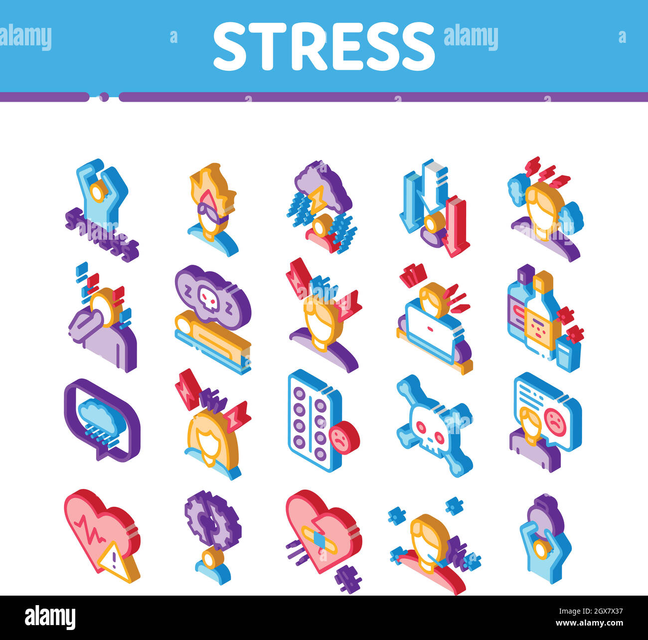 Stress And Depression Isometric Icons Set Vector Stock Vector Image ...