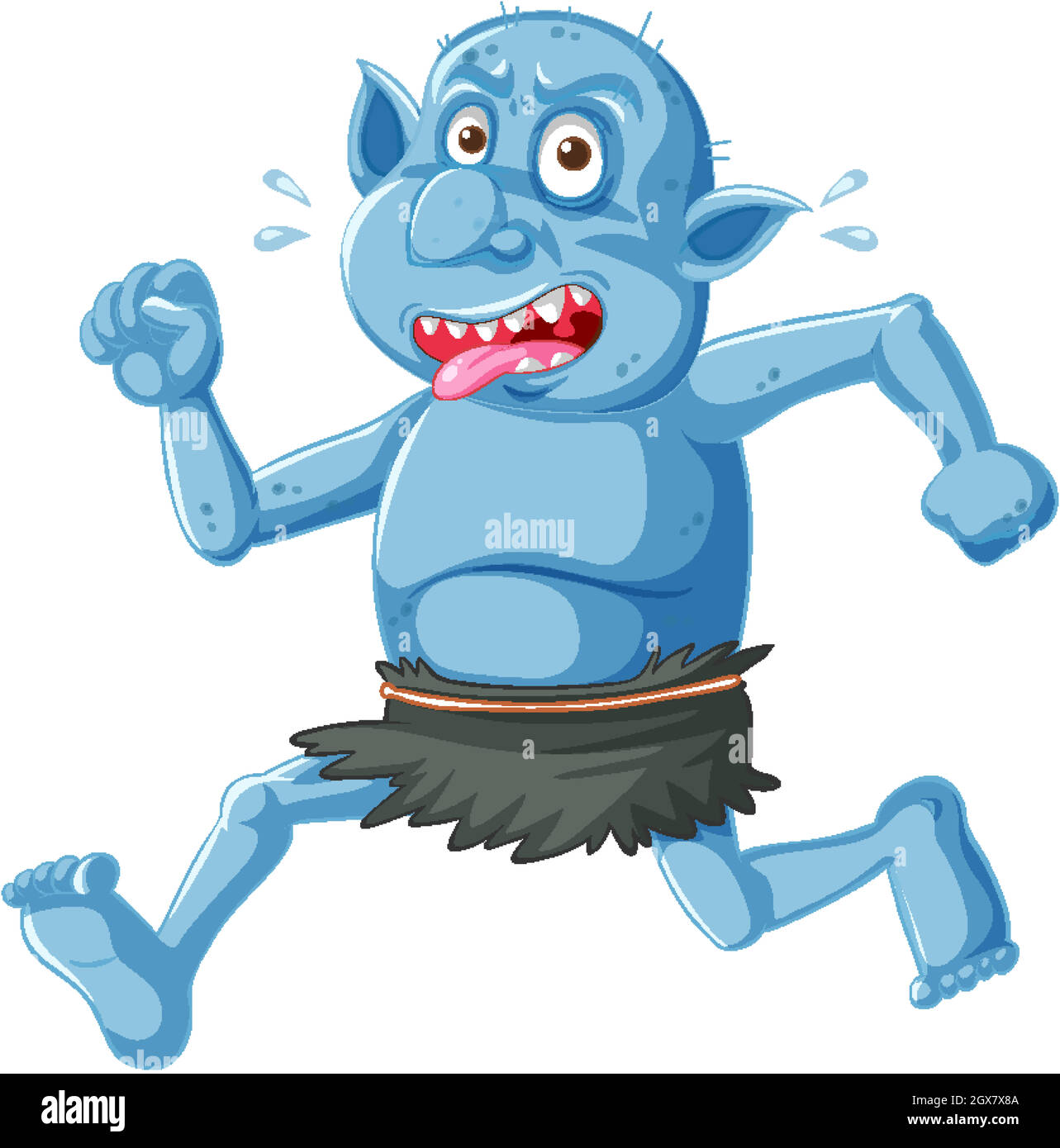 Blue goblin or troll running pose with funny face in cartoon character ...