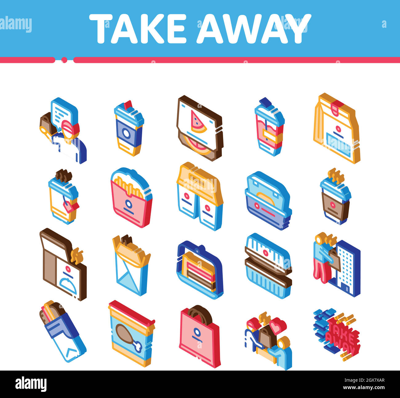 Take Away Food And Drink Delivery Isometric Icons Set Vector Stock ...