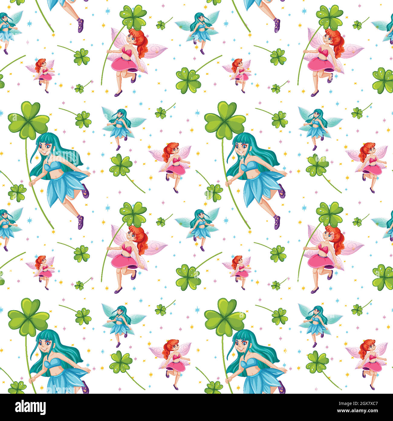 Seamless fairy tales and lucky clover cartoon style on white background ...