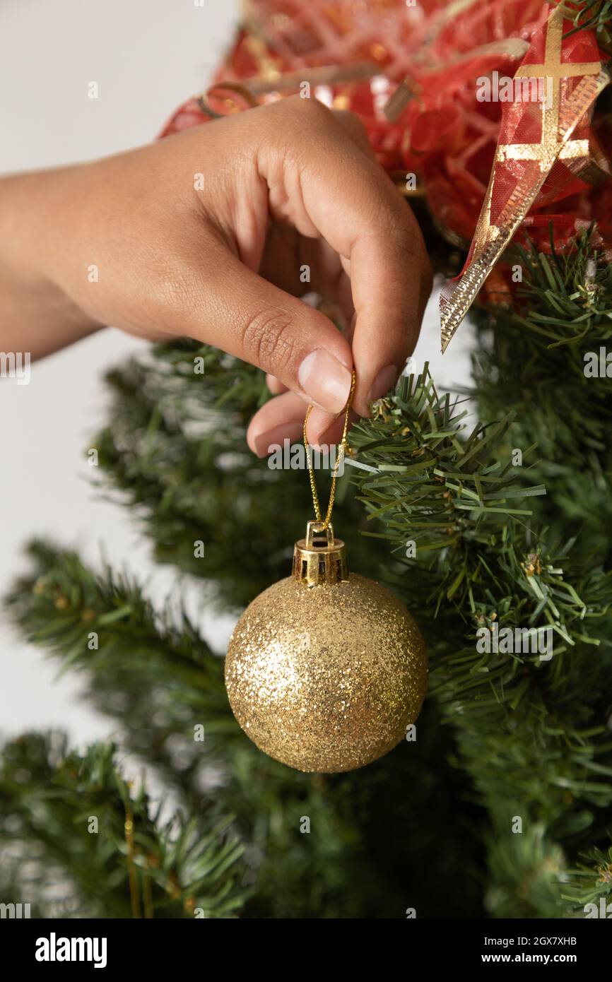 hand of a person hanging a light bulb on the branch of an artificial ...
