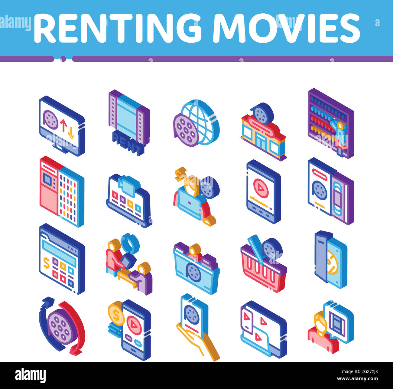 Renting Movies Service Isometric Icons Set Vector Stock Vector Image ...