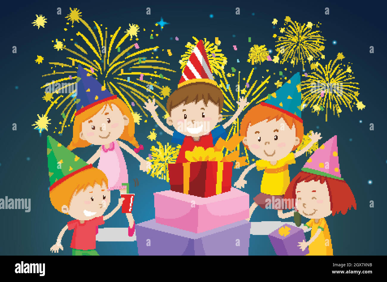 Happy children having party with fireworks and presents Stock Vector ...