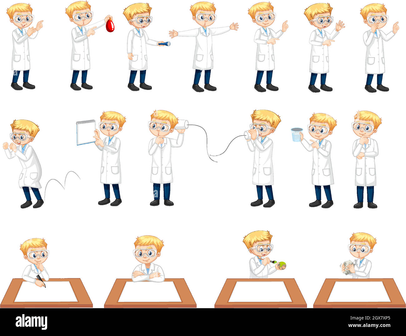Set of a scientist boy in different poses cartoon character Stock ...