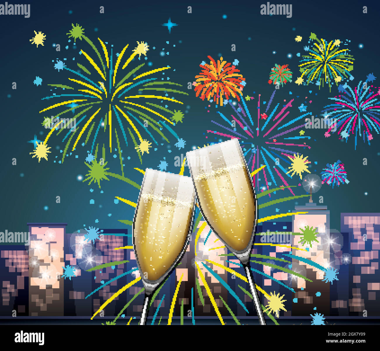 Background with two glasses of champagne and fireworks Stock Vector ...