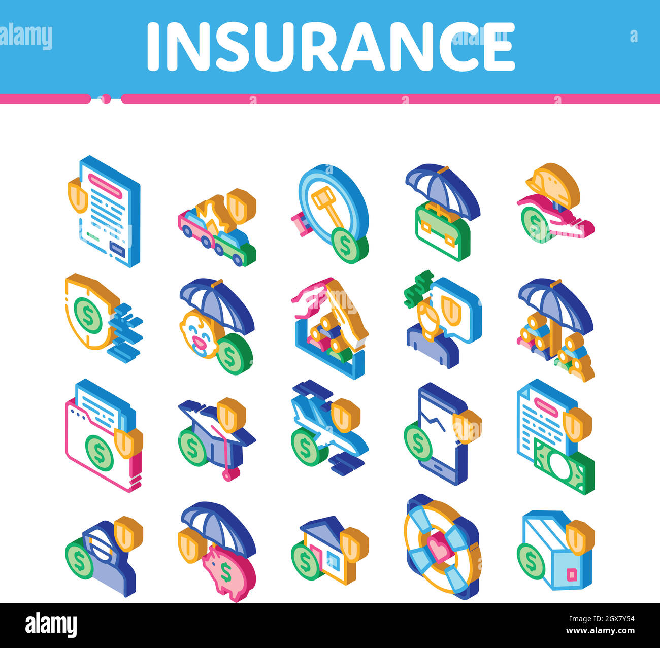 Insurance All-purpose Isometric Icons Set Vector Stock Vector Image ...