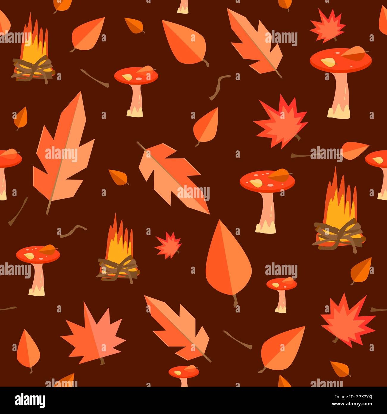 autumn pattern with leaves, mushrooms and a bonfire Stock Vector Image ...