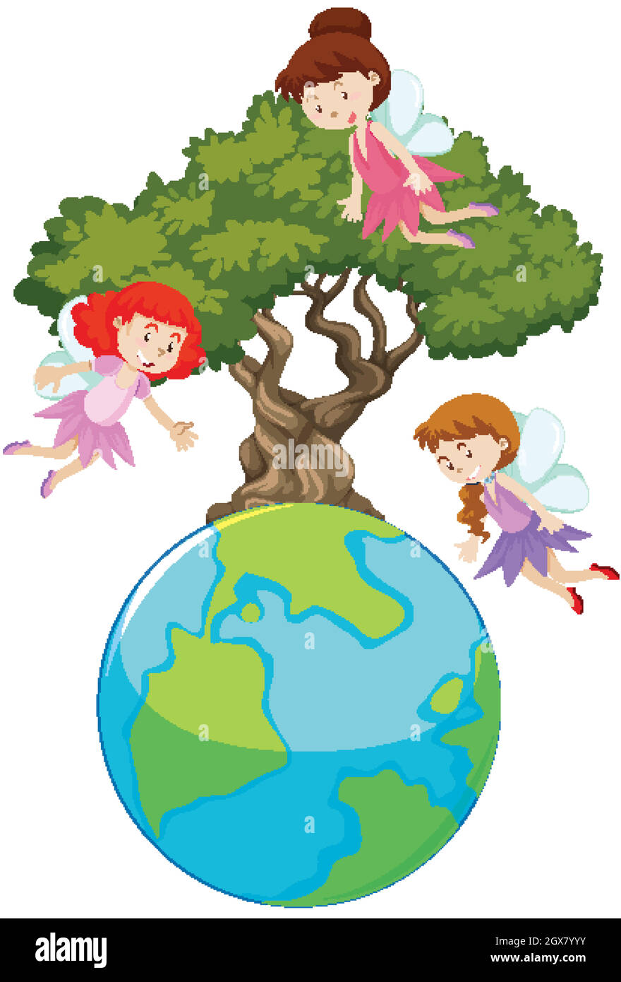 Big world and three fairies flying around the big tree Stock Vector ...