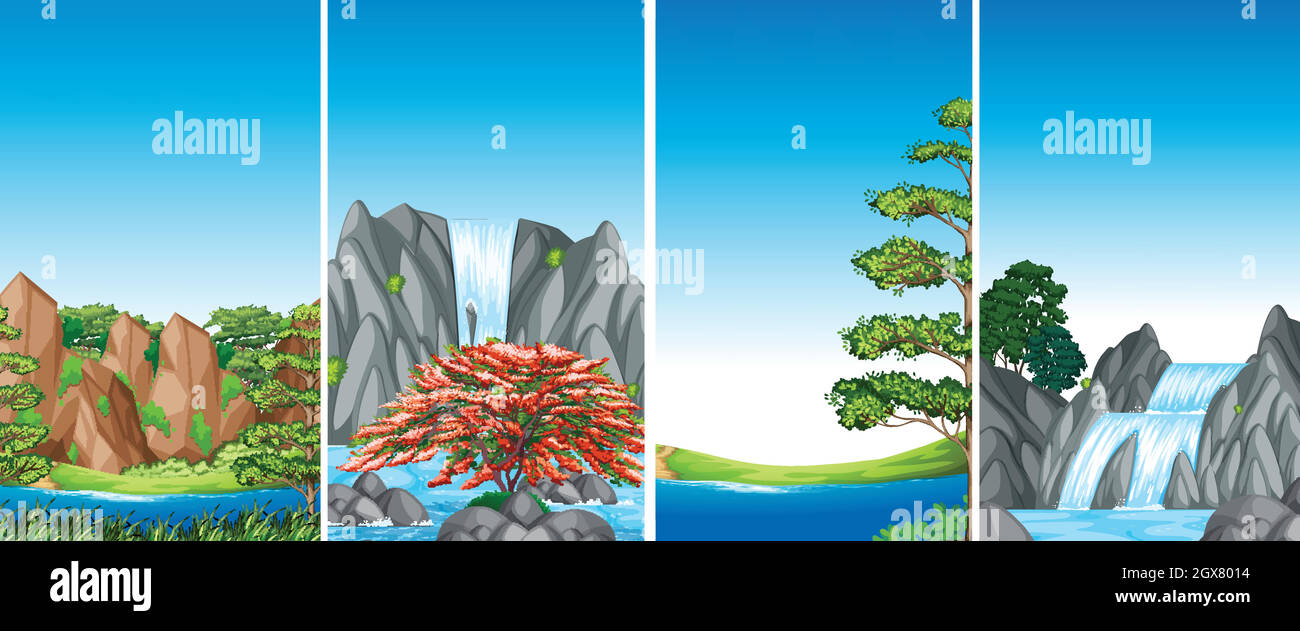 Four background scenes with waterfall and river Stock Vector Image ...