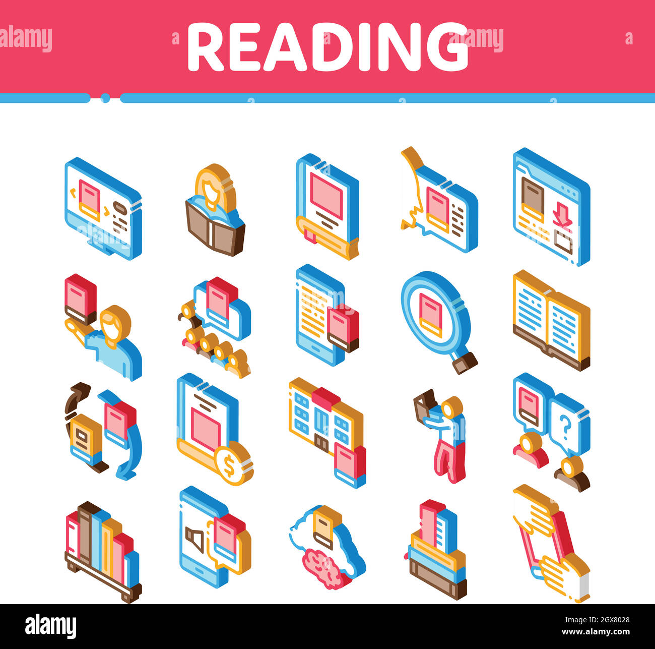 Reading Library Book Isometric Icons Set Vector Stock Vector Image ...