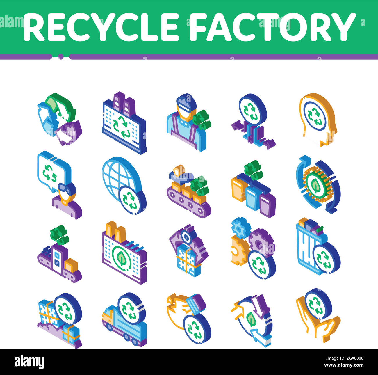 Recycle Factory Ecology Industry Isometric Icons Set Vector Stock ...