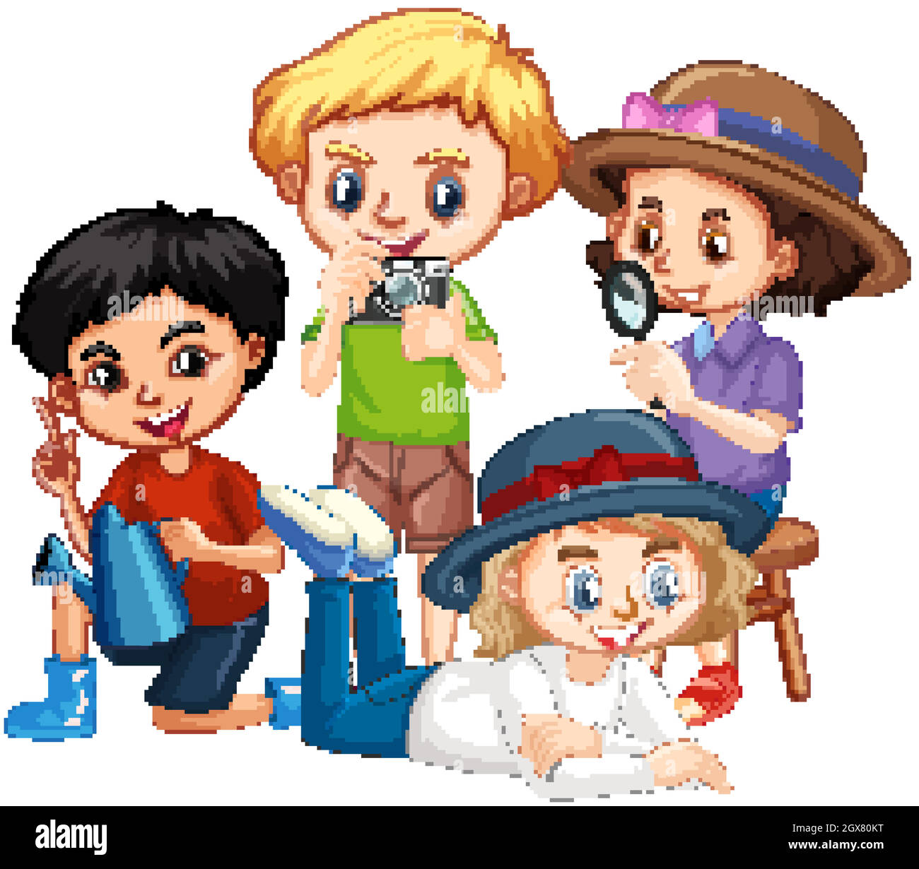 Four kids with camera and magnifying glass Stock Vector Image & Art - Alamy