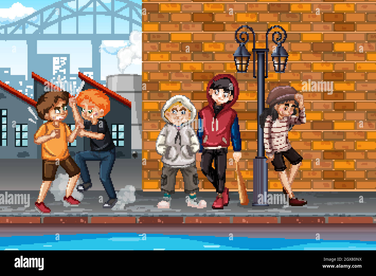 Street scene with teenagers fighting on the sidewalk Stock Vector Image ...