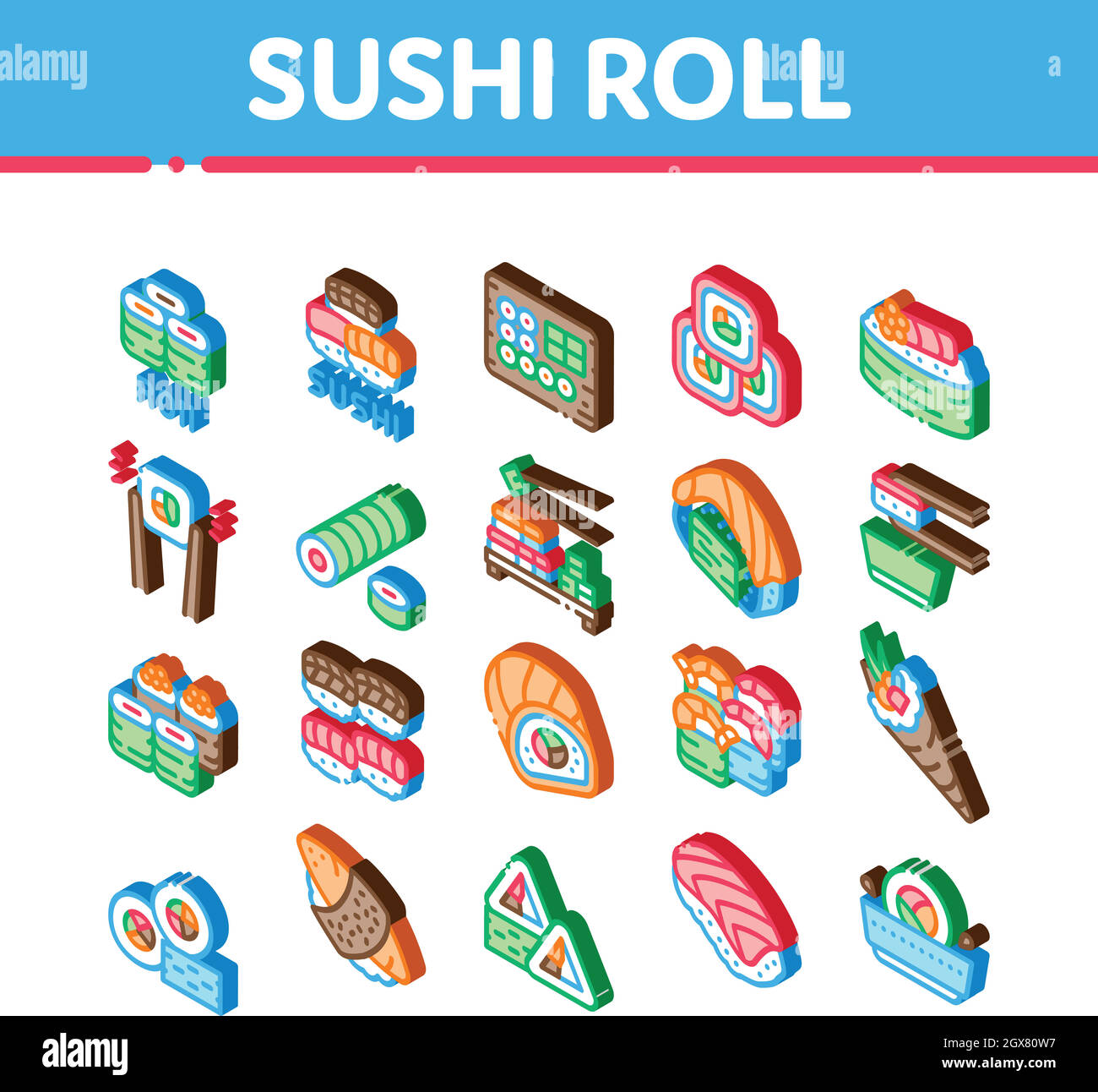 Sushi Roll Asian Dish Isometric Icons Set Vector Stock Vector Image ...