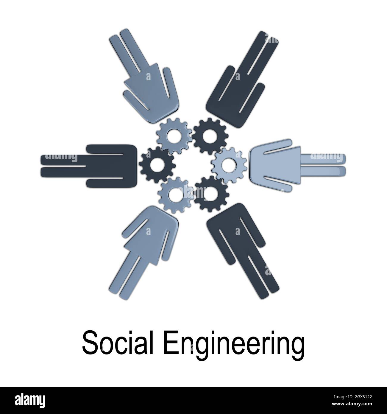 3D illustration of SOCIAL ENGINEERING script along with six human ...