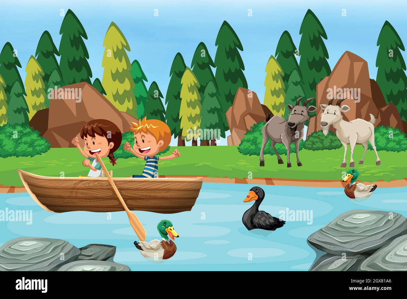 Woods scene with children and animals Stock Vector Image & Art - Alamy